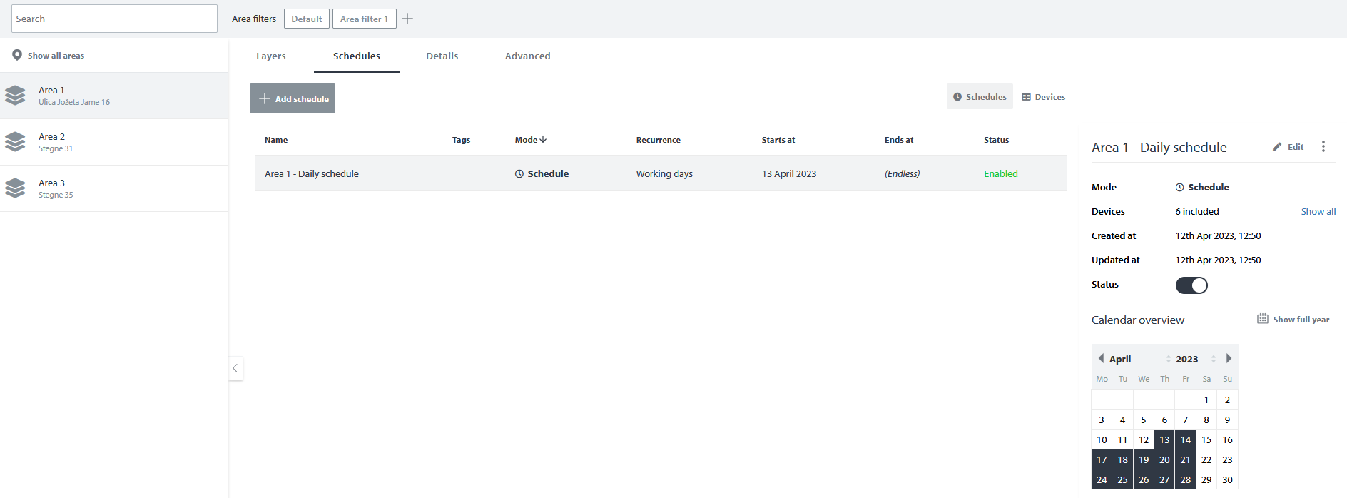 Area schedules – Leanheat® Monitor