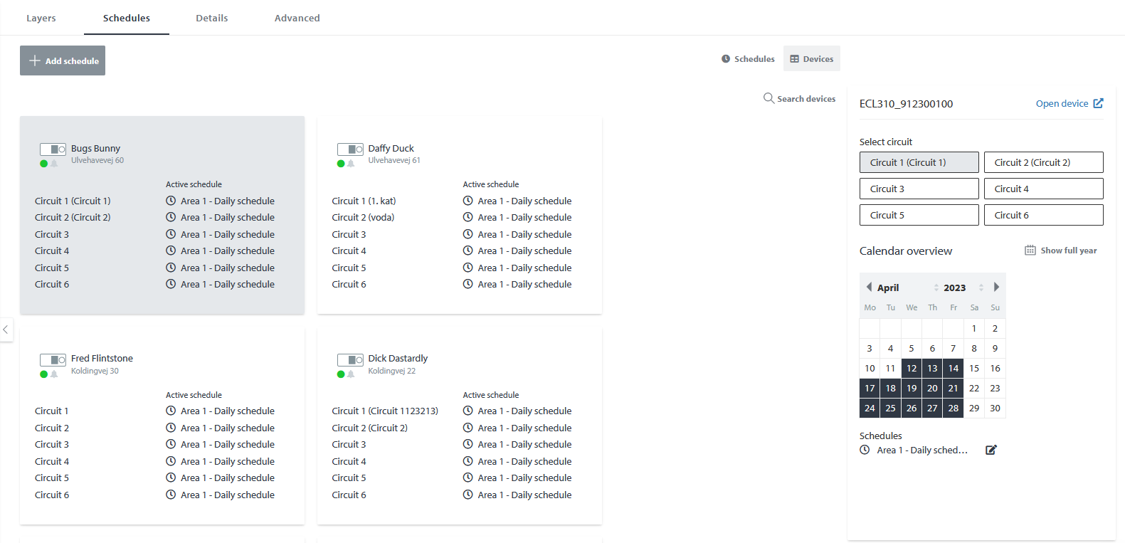 Area schedules – Leanheat® Monitor